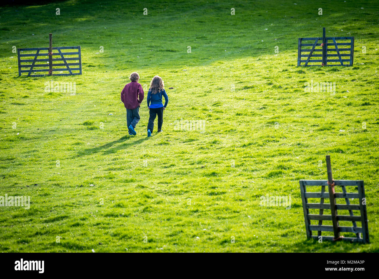 A young boy and girl walk side by side in pasture, Yorkshire Dales, UK ...