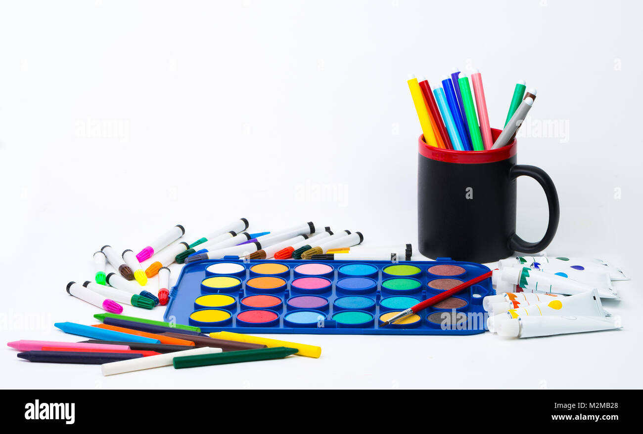 Composition of various creative tools. Isolated on white background ...