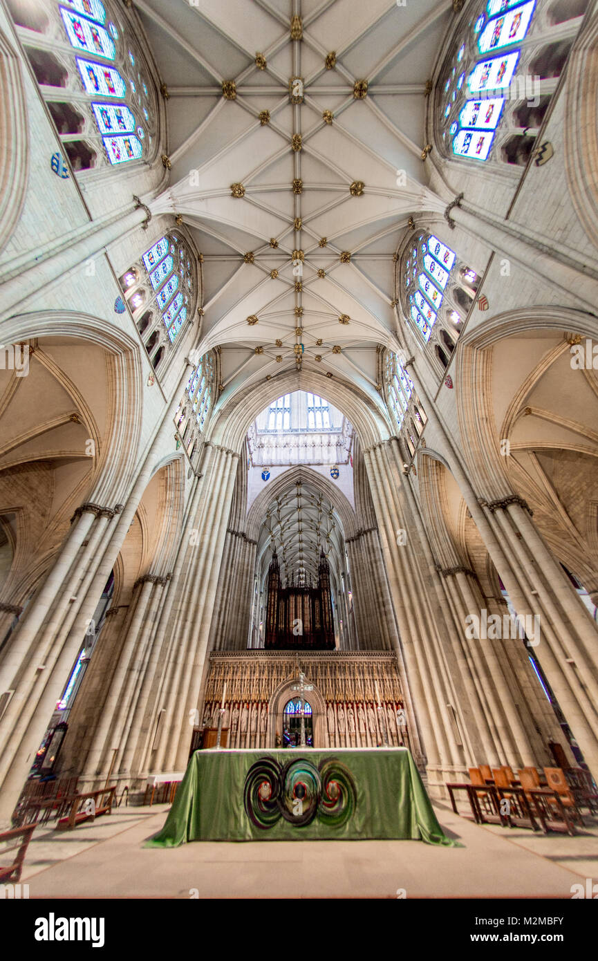 Low angle view of ceiling of Nave in York Minster and pipe organ, York ...