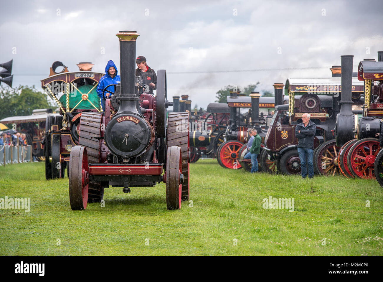 Two young adults drive vintage steam engine tractor in parade as ...