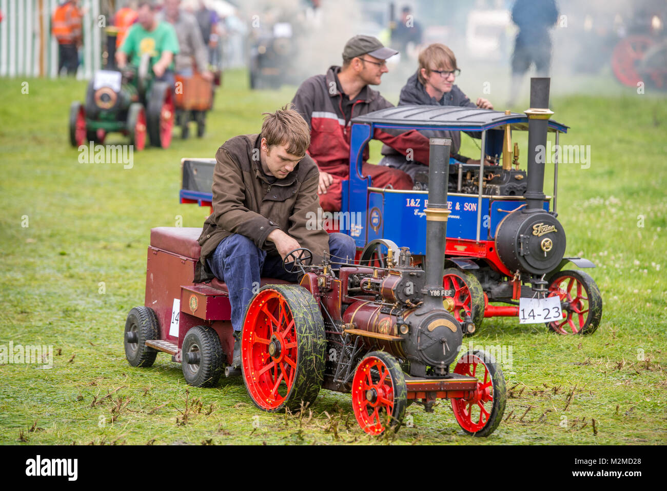 Young males ride along in miniature tractor steam engines, Masham ...