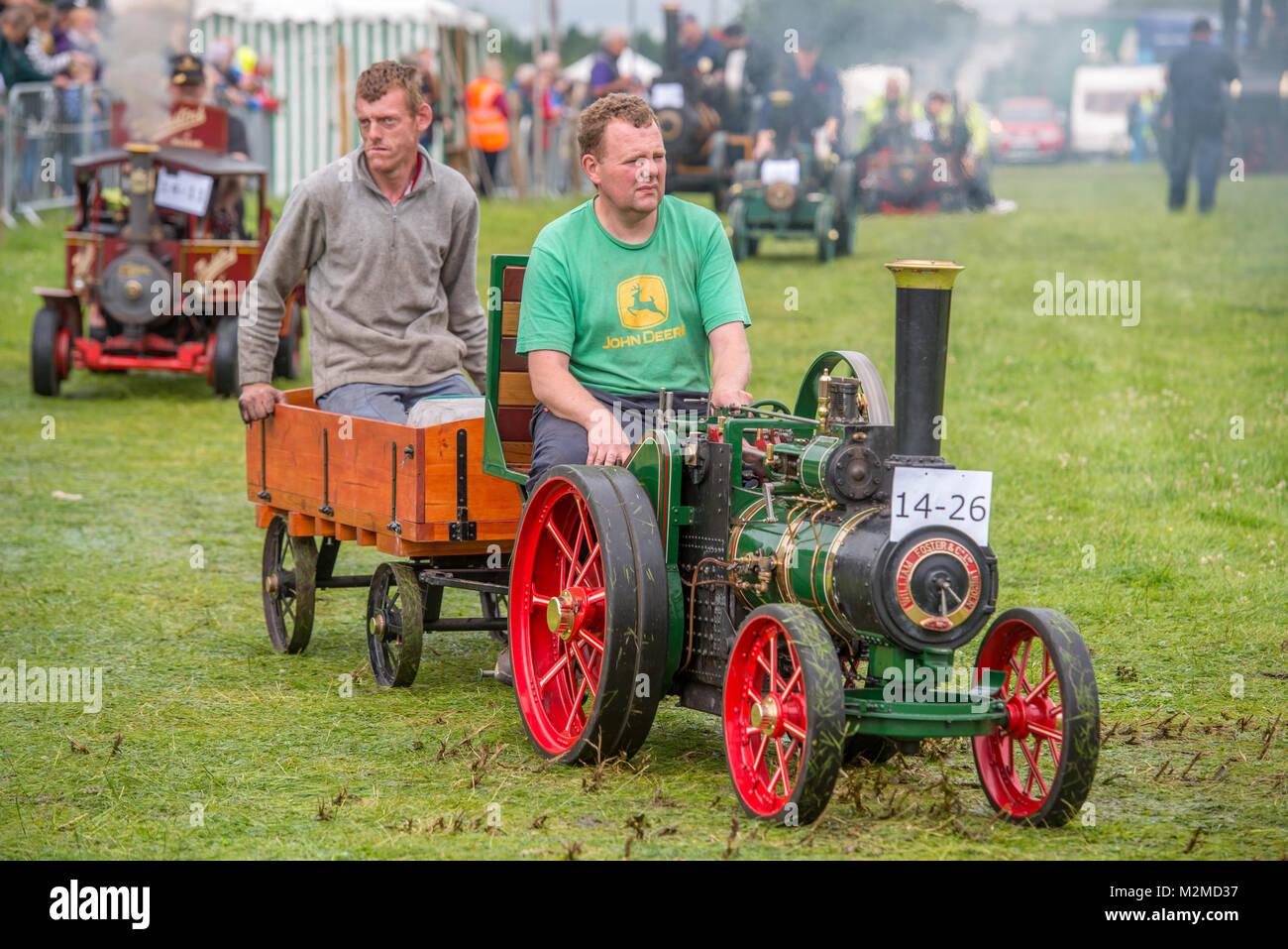 Adult male drives miniature tractor steam engine carrying another man ...