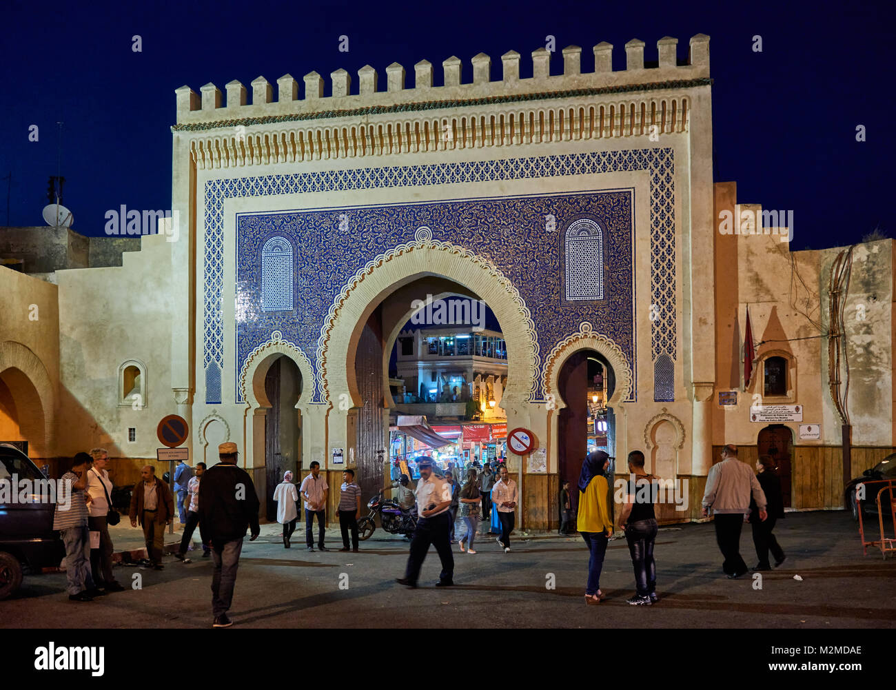 night shot of city gate Bab Boujloud or Bab Bou Jeloud of Fez, Morocco ...