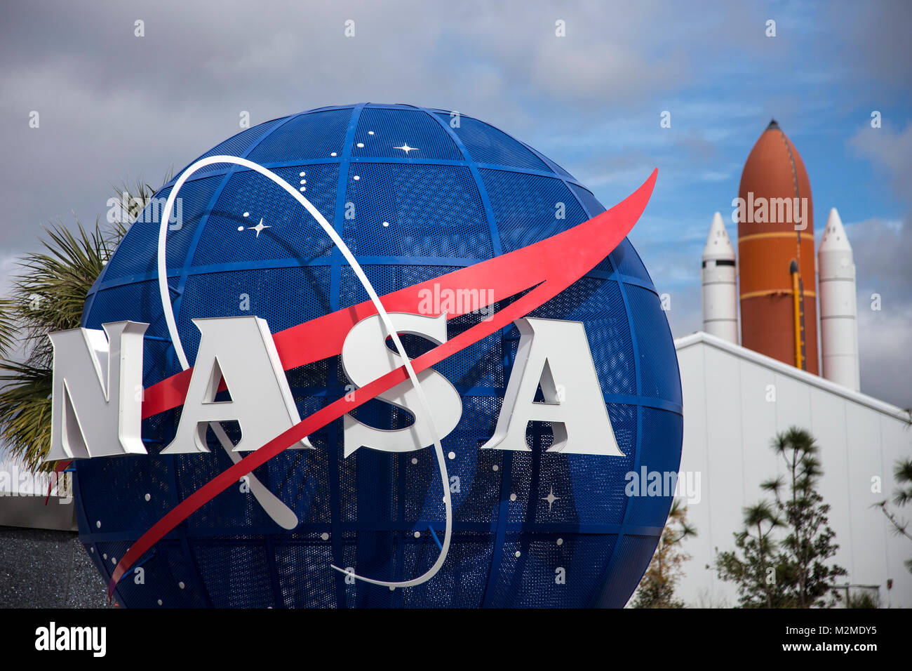 Nasa sign and space shuttle exhibit at the entrance to the Kennedy ...