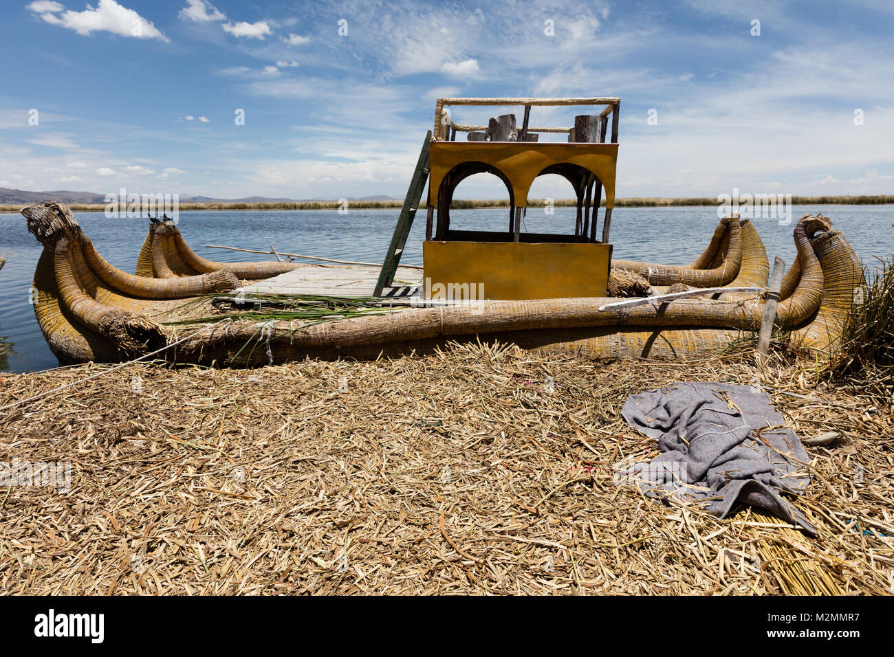 Traditional reed boat (totora) in the Uros Islands, Titicaca Lake or ...