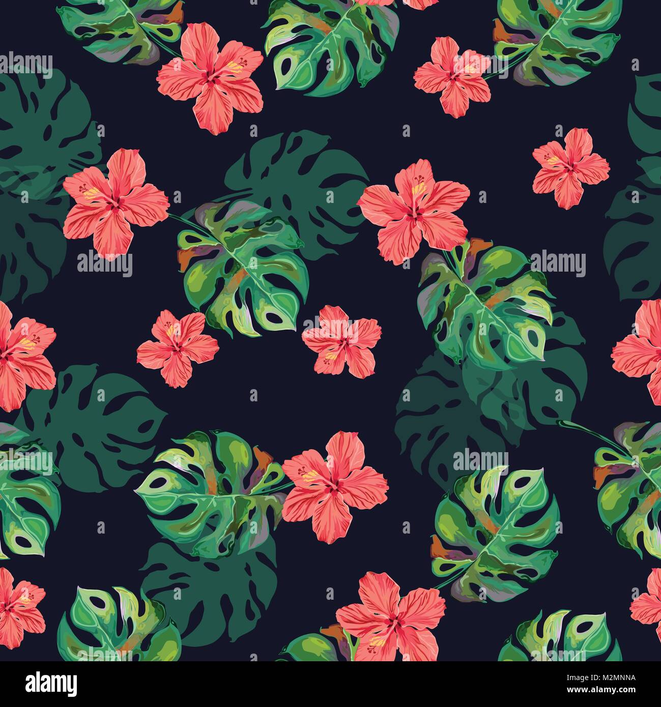 Seamless tropical pattern with mostera deliciosa and jamaica flowers in ...