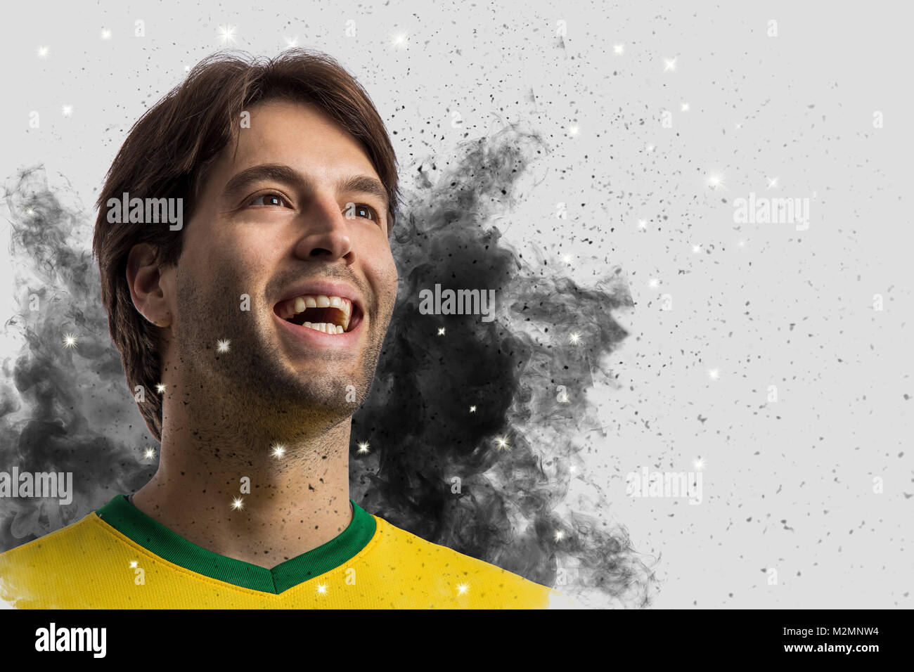 Brazilian soccer player coming out of a blast of smoke. celebrating ...