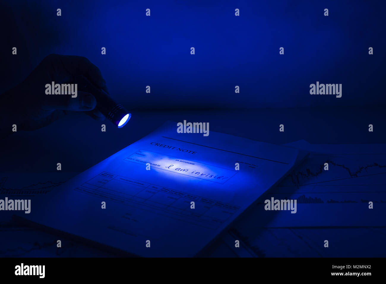 Secret documents reading. Ultra violet light abstract photo. Documents ...