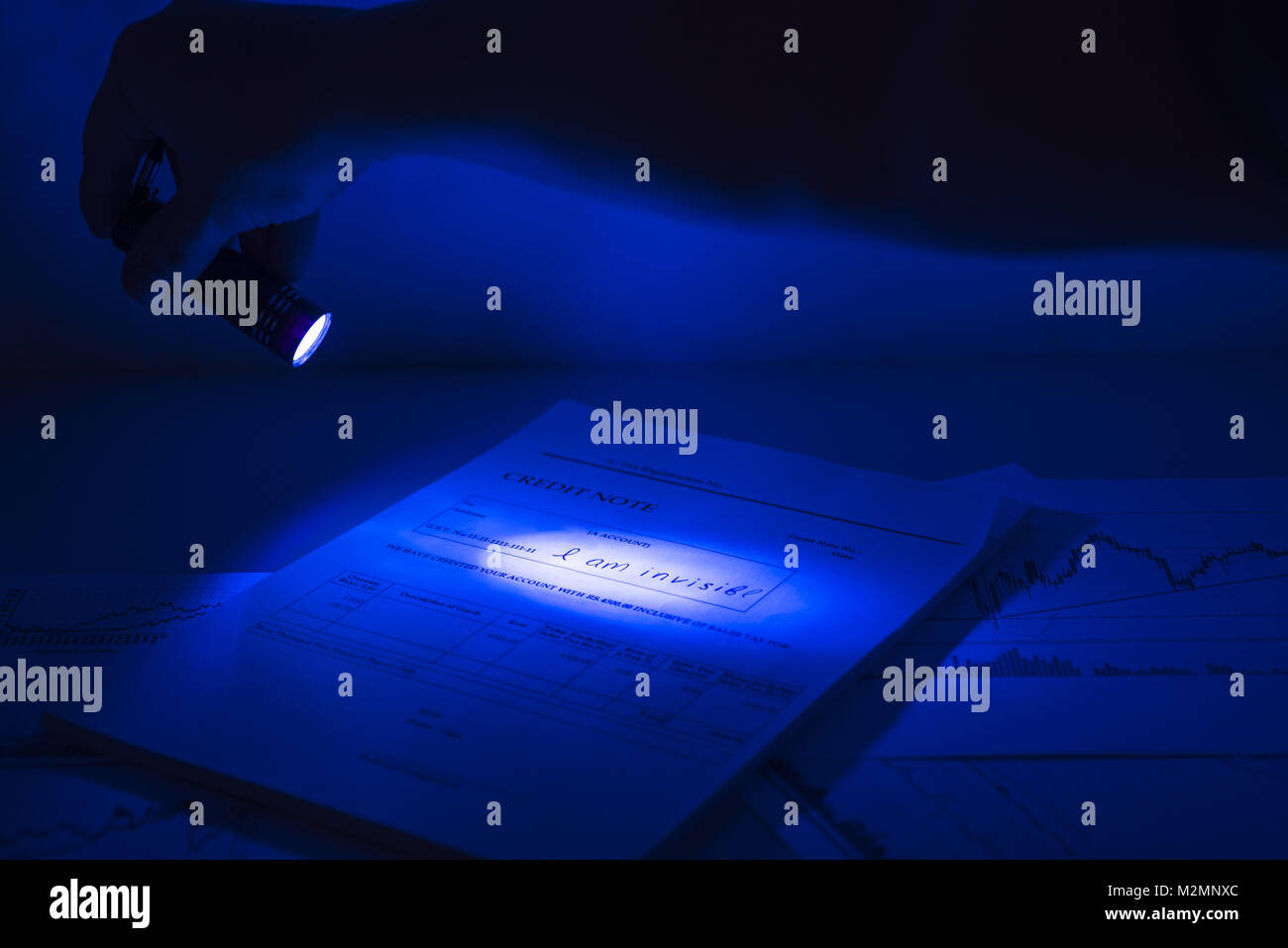 Secret documents reading. Ultra violet light abstract photo. Documents ...