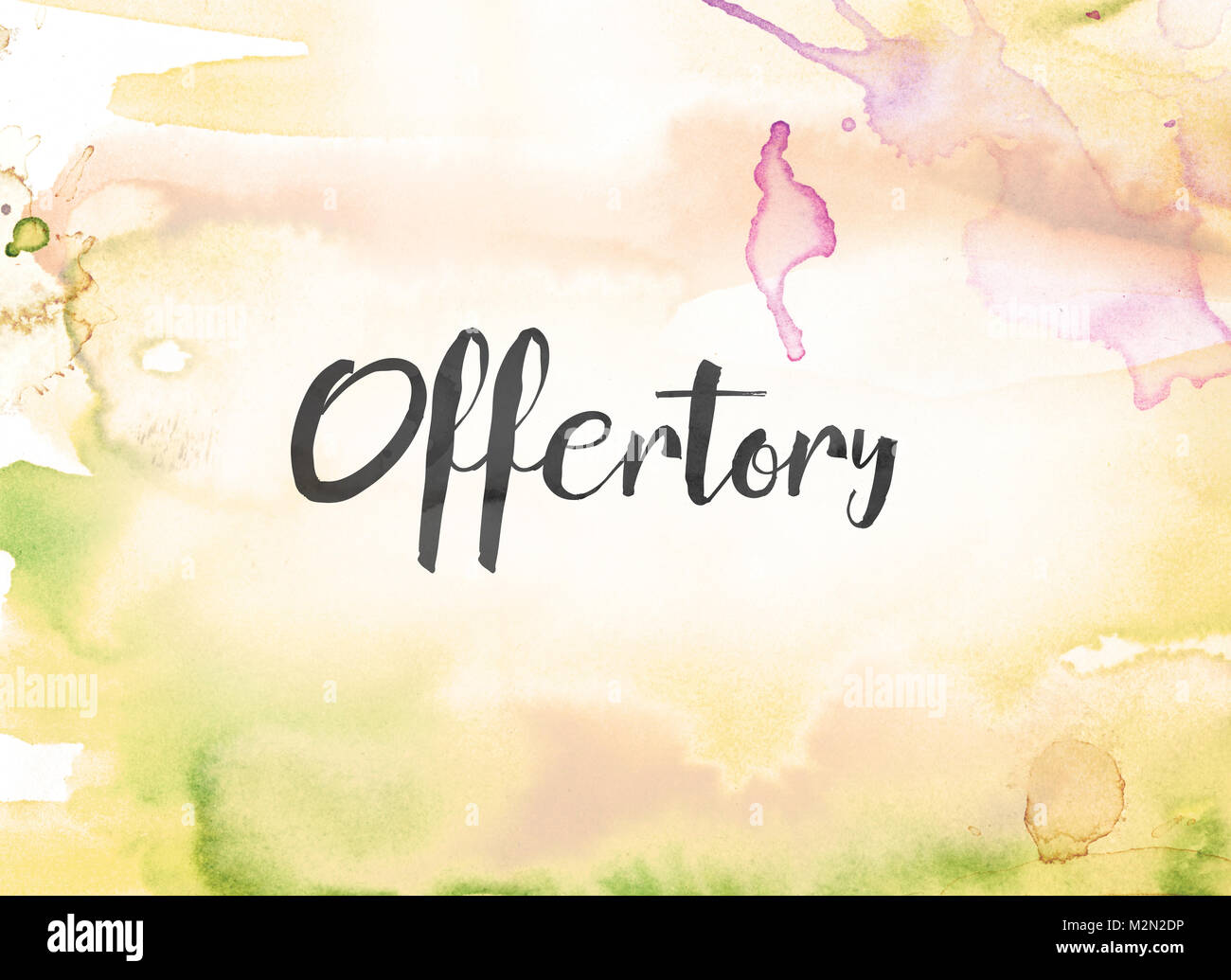 The word Offertory concept and theme written in black ink on a colorful ...