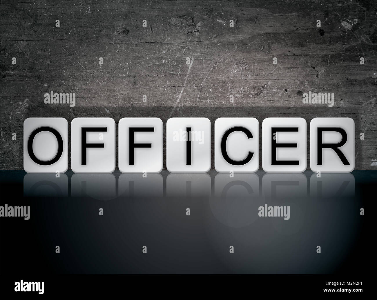 The word Officer concept and theme written in white tiles on a dark ...
