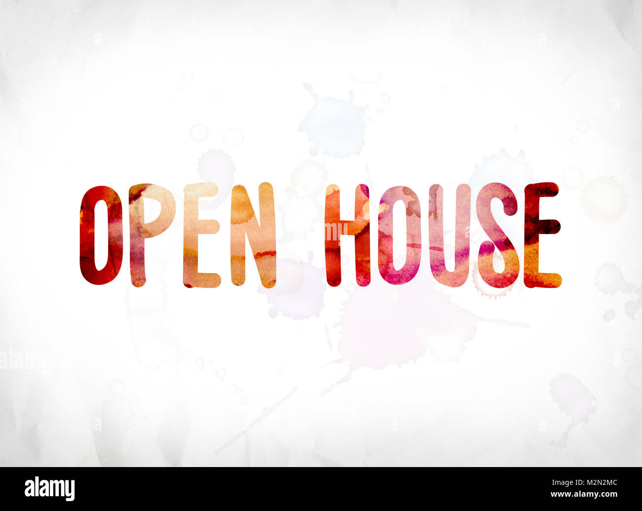The words Open House concept and theme painted in colorful watercolors ...