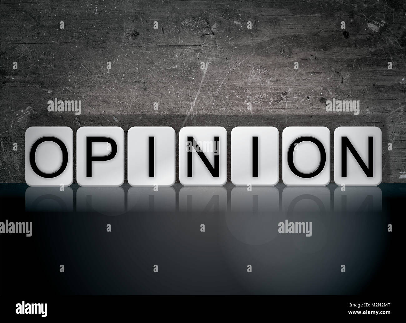 The word Opinion concept and theme written in white tiles on a dark ...