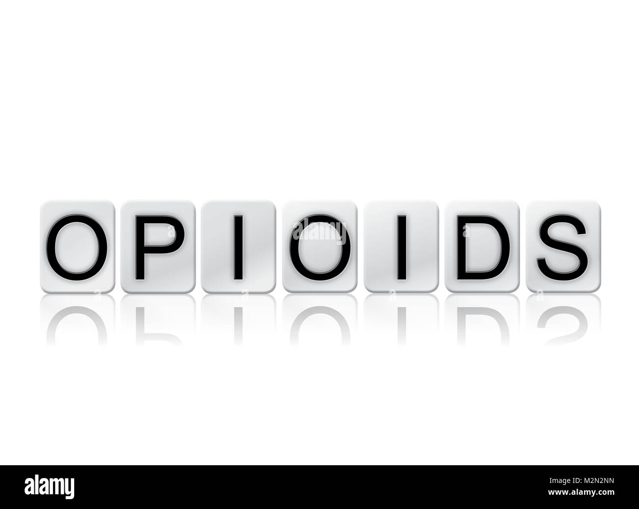 The word Opioids concept and theme written in white tiles and isolated ...