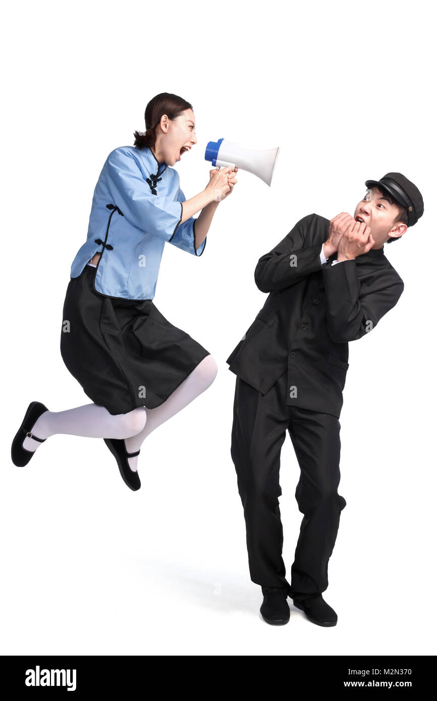 Restore ancient ways young woman to the young man shouted Stock Photo ...