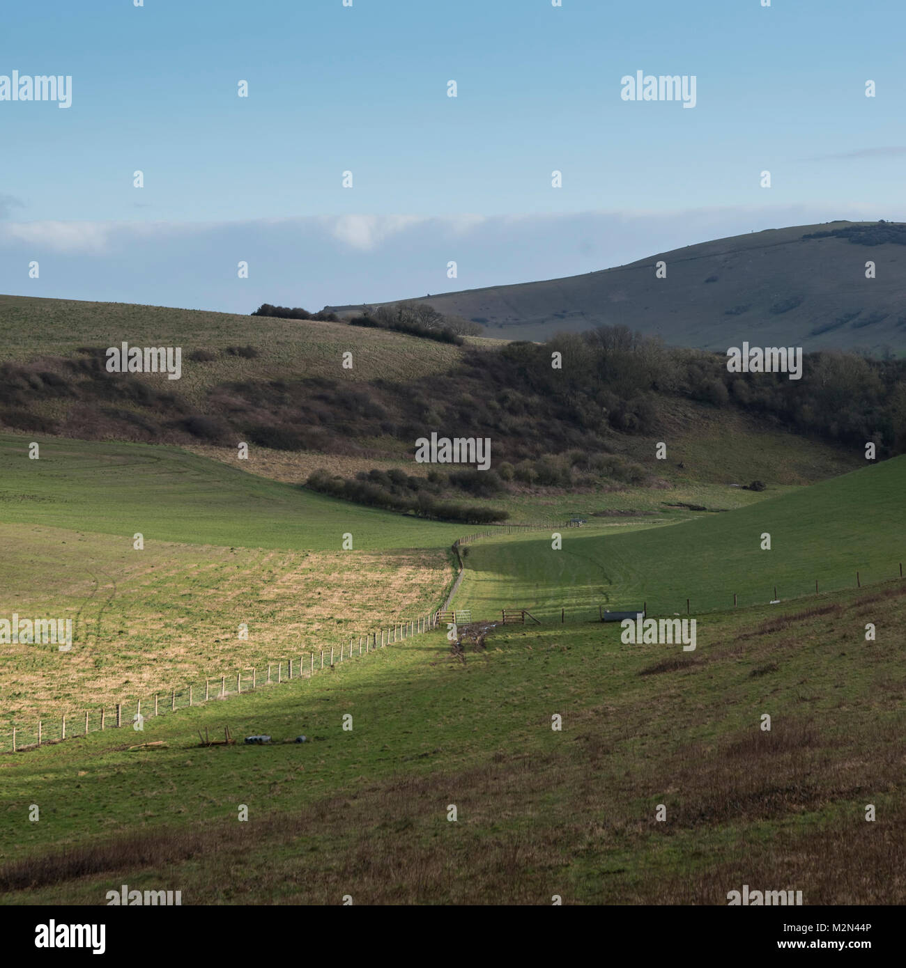 Beautiful English countryside landscape across rolling green hills ...