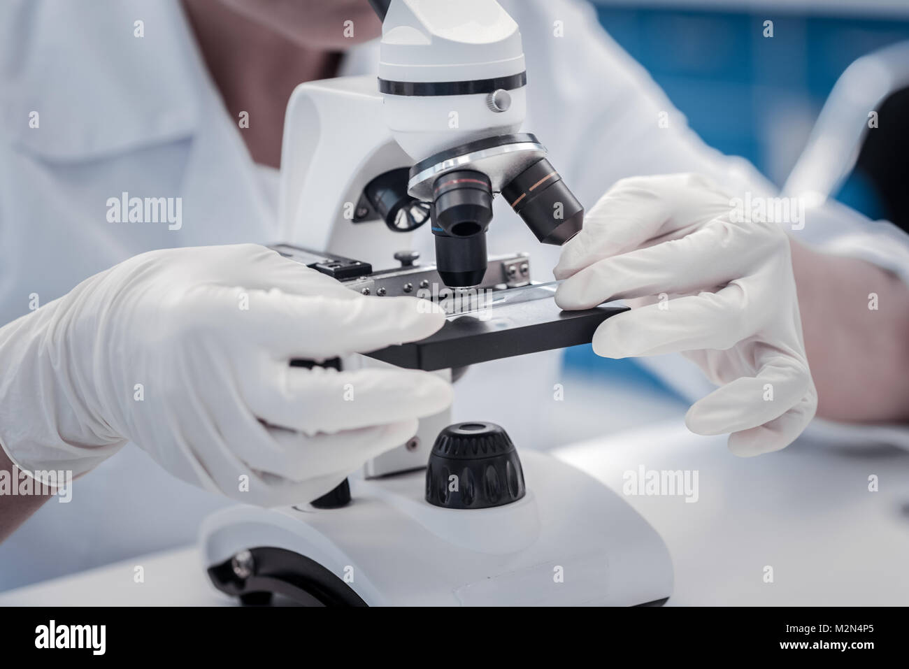 Close up of researcher placing sample under microscope Stock Photo - Alamy