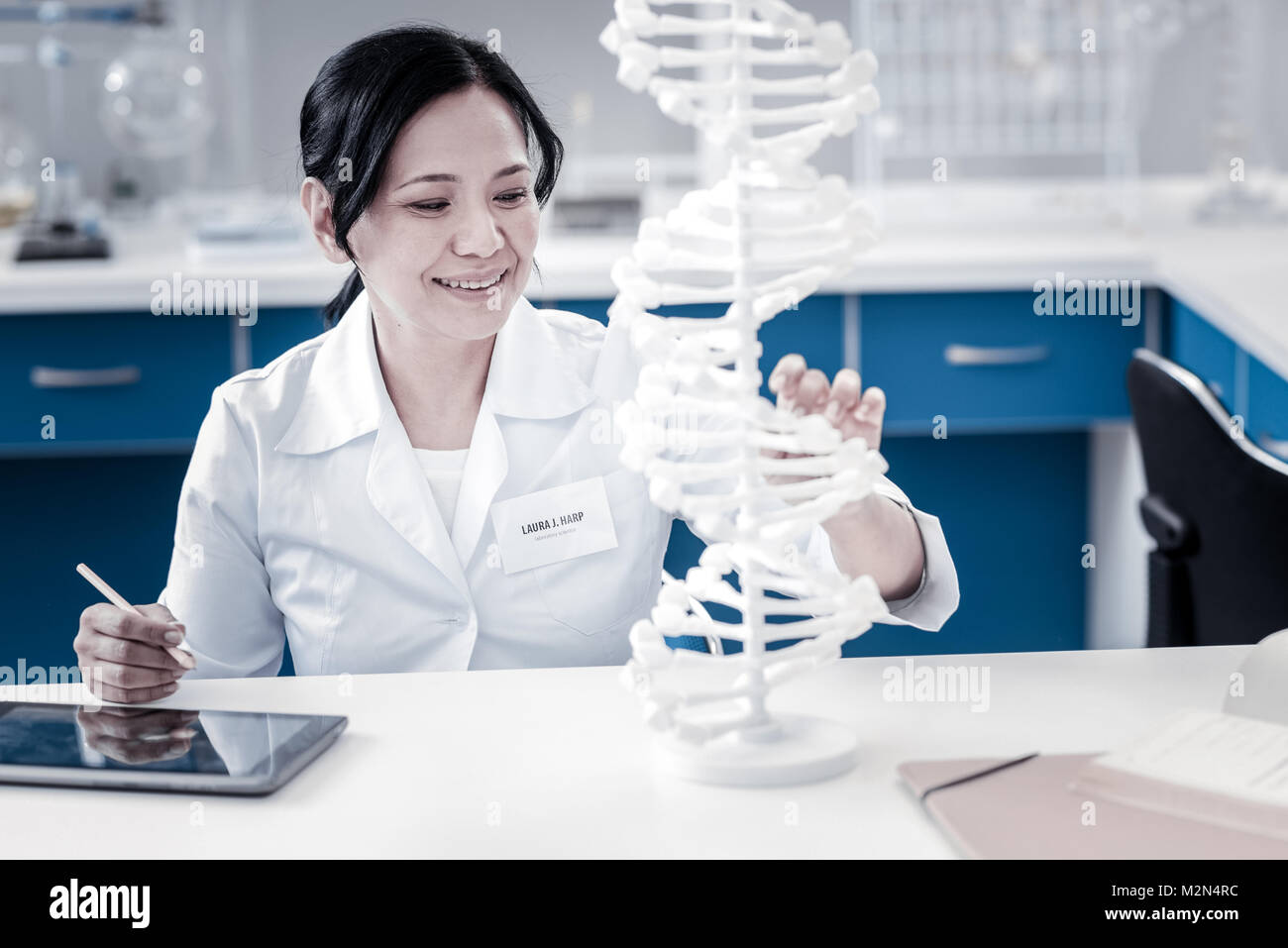 Positive minded scientist examining dna model at lab Stock Photo - Alamy