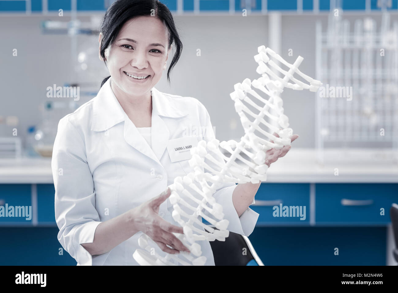 Smiling mature lady examining three dimensional dna model in lab Stock ...