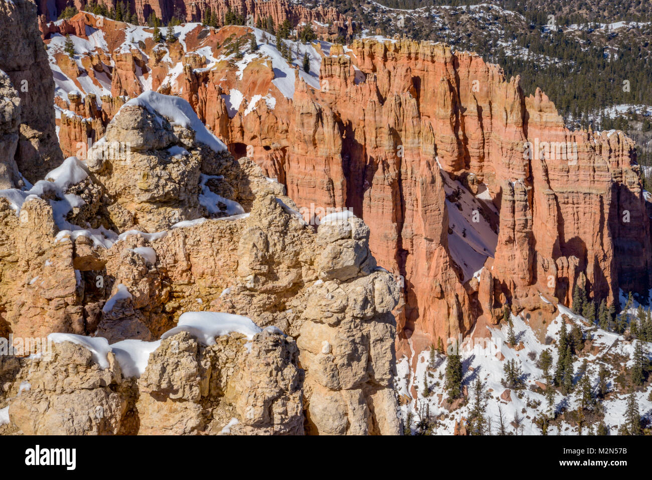 Geologic formations at Bryce Canyon National Park in snow in Utah Stock ...