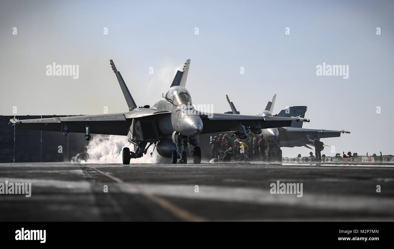 180206-N-MJ135-1180 ARABIAN GULF (Feb. 6, 2018) An F/A-18F Super Hornet ...