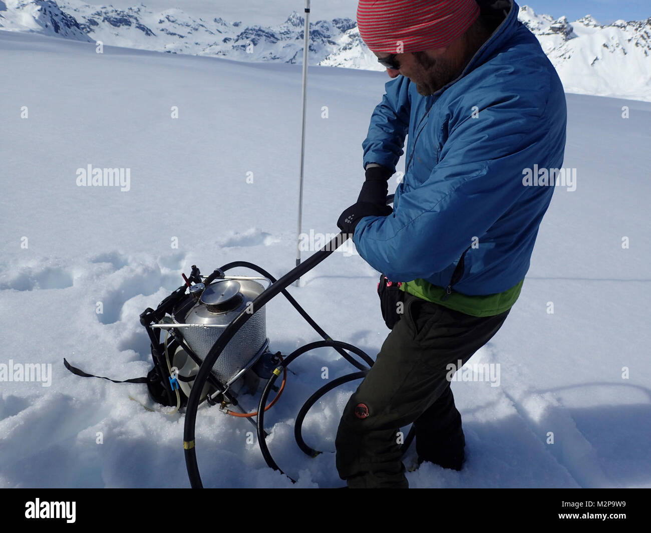 The steam drill runs off compressed gas (jetboil canisters). Water/snow ...