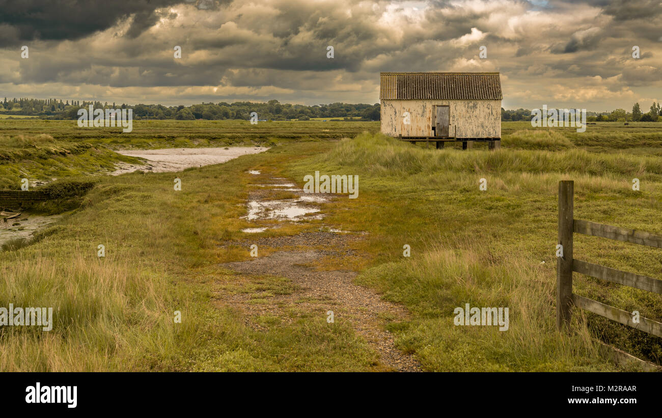 House on stilts in the marshland near the River Crouch, Wallasea Island ...