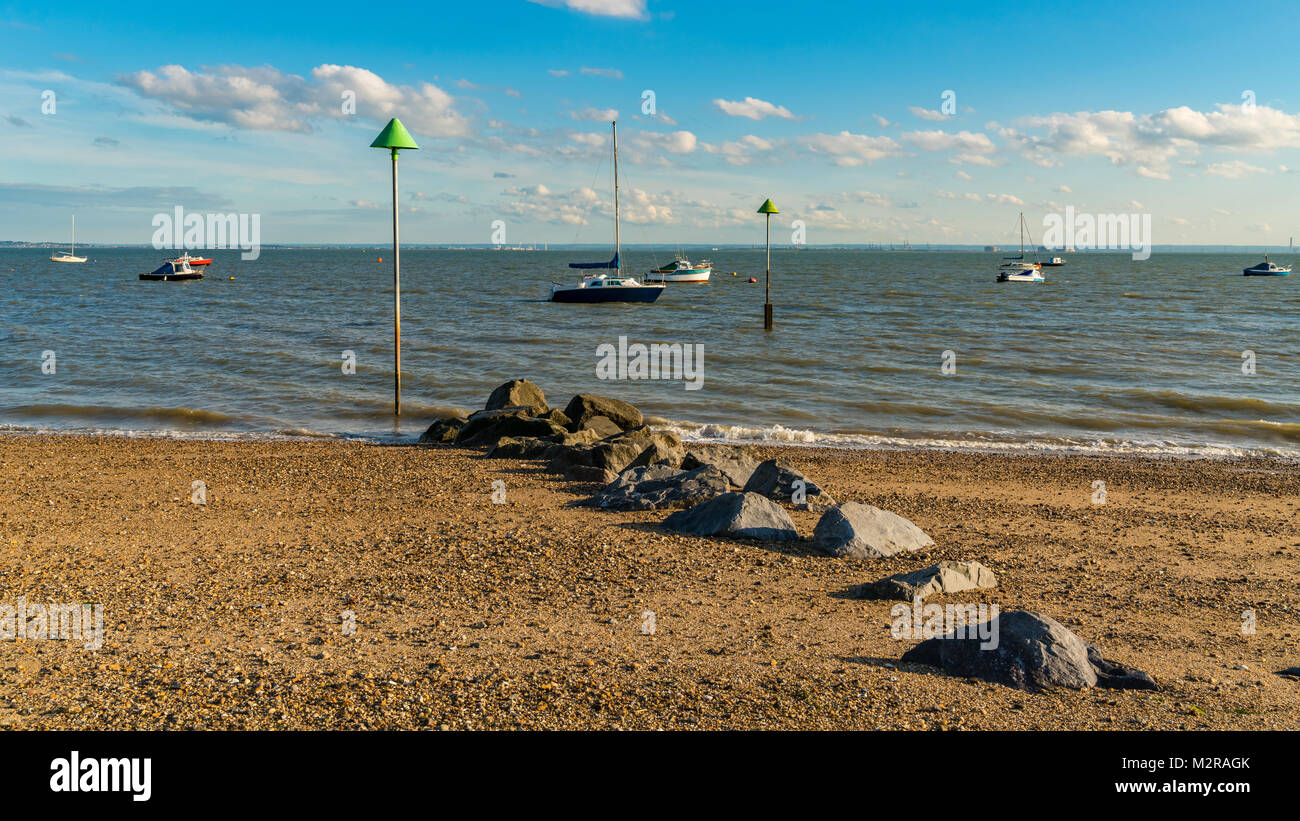Boats on the shore of the River Thames, seen in Southend-on-Sea, Essex ...