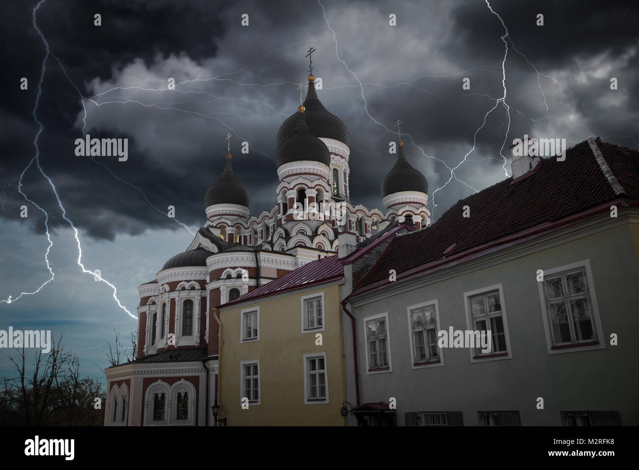 Heavy thunderstorm with lightning. Alexander Nevsky Cathedral in ...