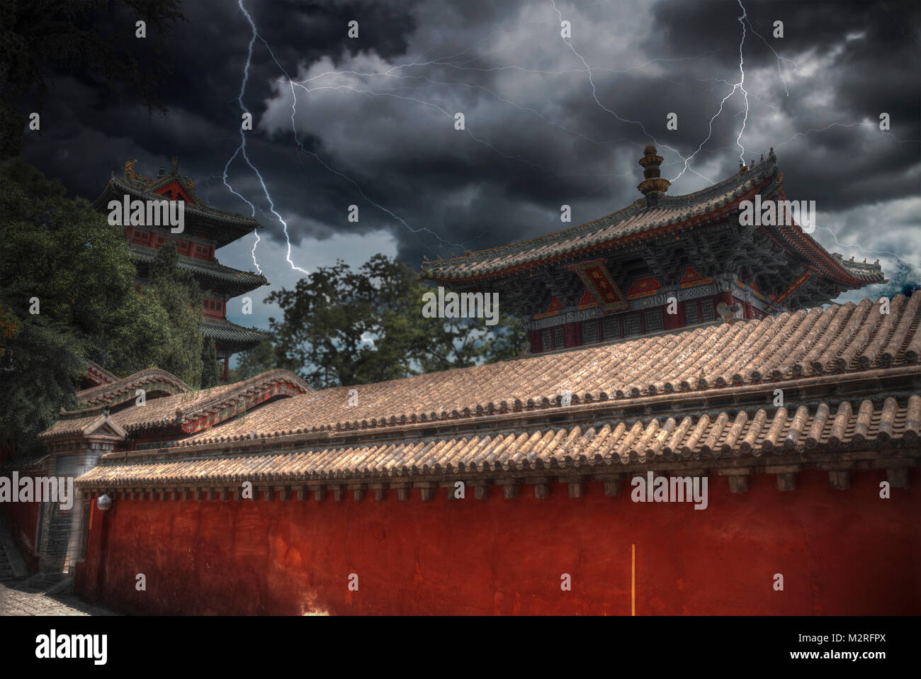 Heavy thunderstorm with lightning. Shaolin is a Buddhist monastery in ...