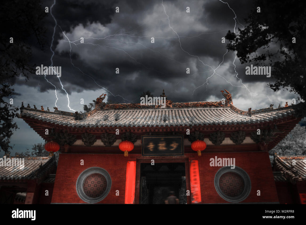 Heavy thunderstorm with lightning. Shaolin is a Buddhist monastery in ...