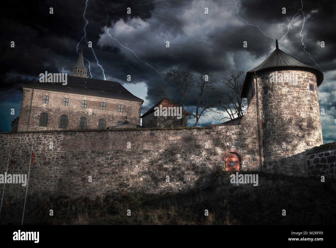 Heavy thunderstorm with lightning. fortress of Akershus - a castle in ...