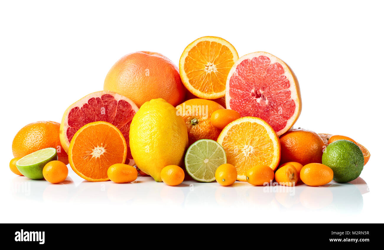 Isolated citrus fruits. Pieces of lemon, lime , tangerine , pink ...
