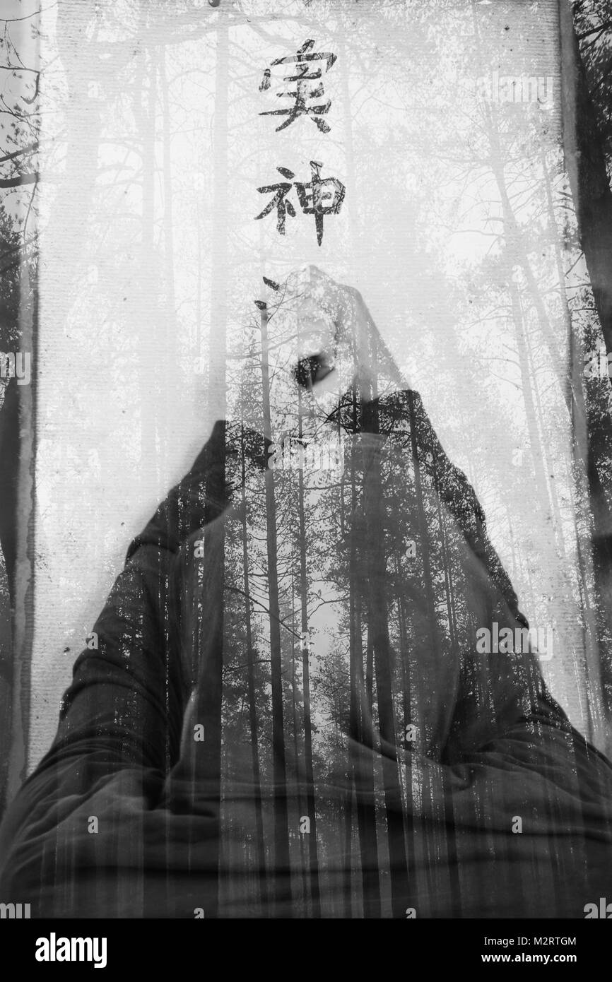 abstract spooky double exposure man in the black forest Stock Photo - Alamy
