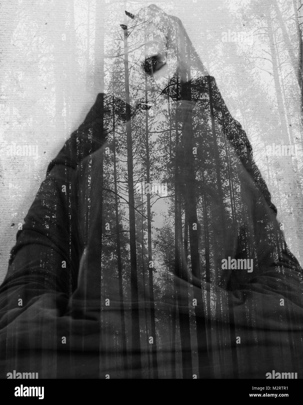 abstract spooky double exposure man in the black forest Stock Photo - Alamy