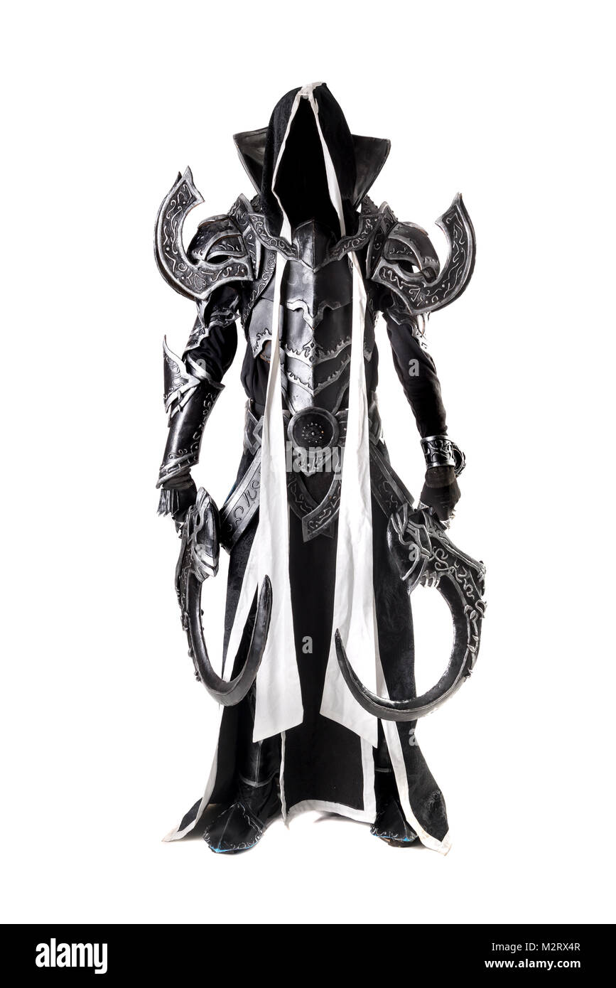 Man in a fantasy costume of a dark demon, cosplay, isolated in white ...
