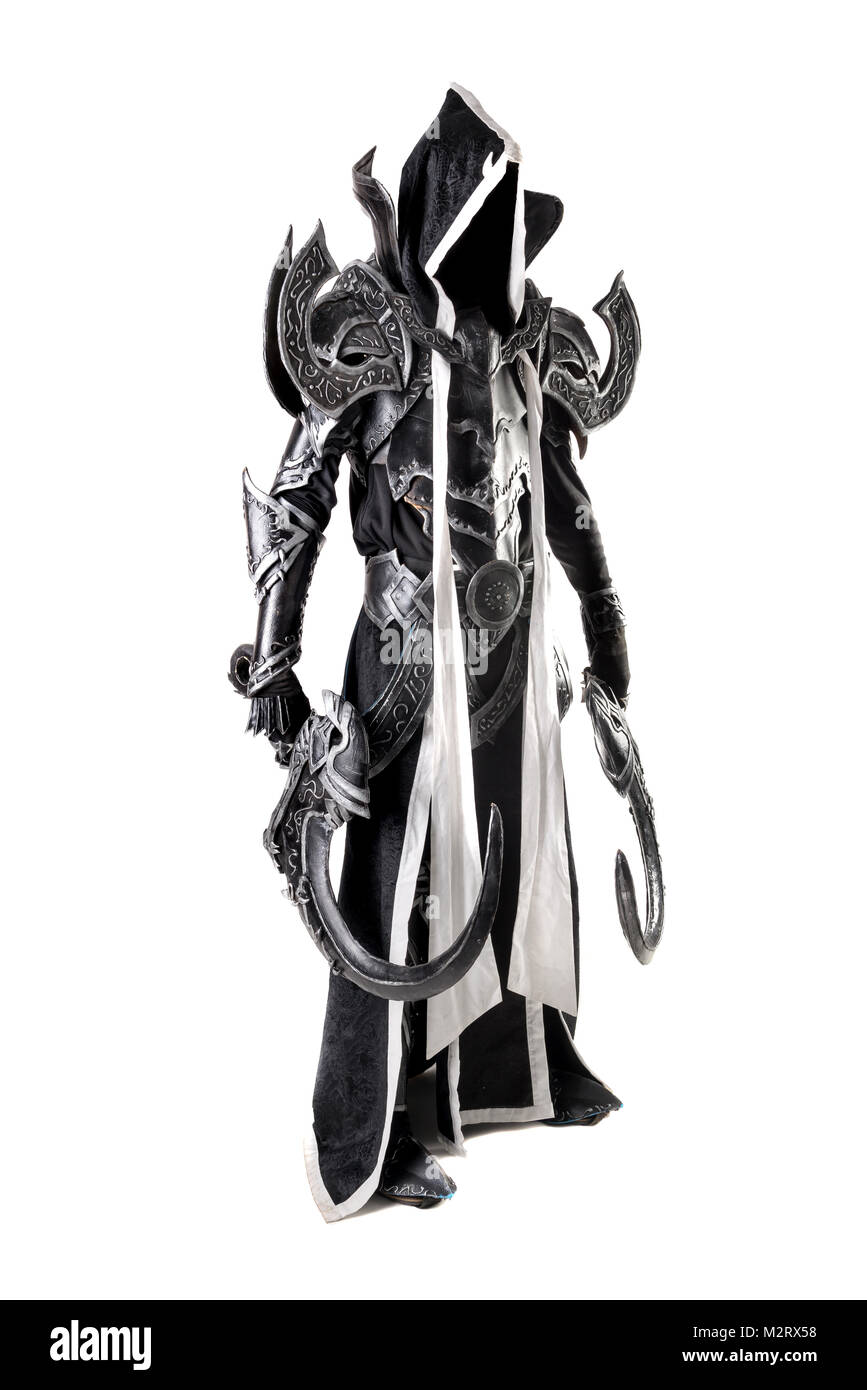 Man in a fantasy costume of a dark demon, cosplay, isolated in white ...