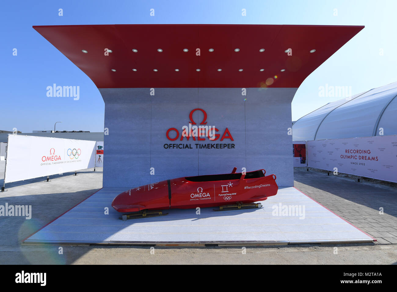 PyeongChang. 9th February, 2018. A Omega banner at the Pyeongchang ...