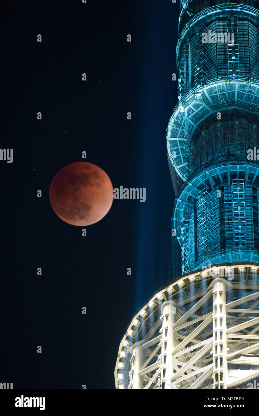 A total lunar eclipse ''super-blood blue moon'' is seen above the Tokyo ...