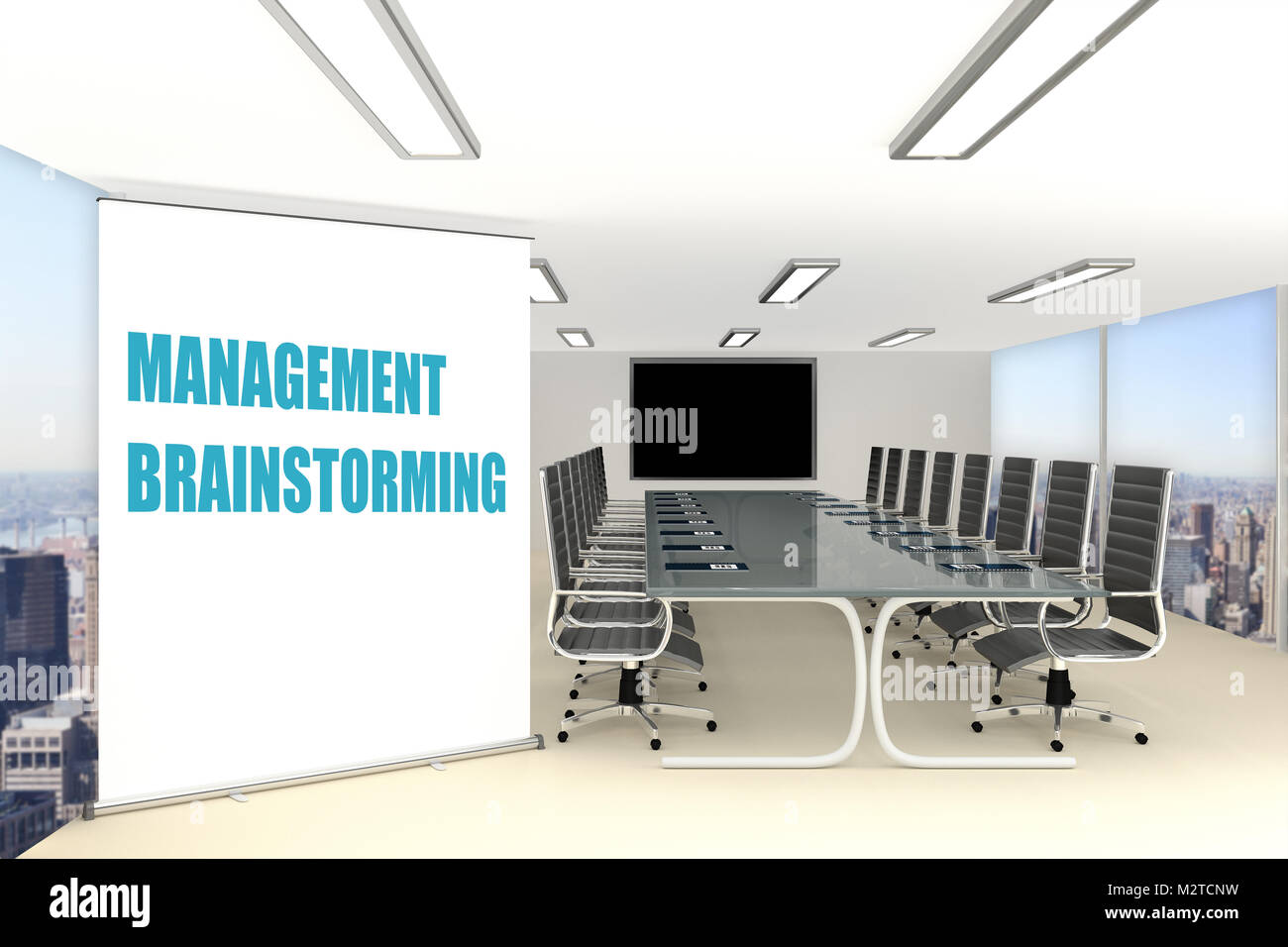 3D illustration of MANAGEMENT BRAINSTORMING title on a wide rollup ...