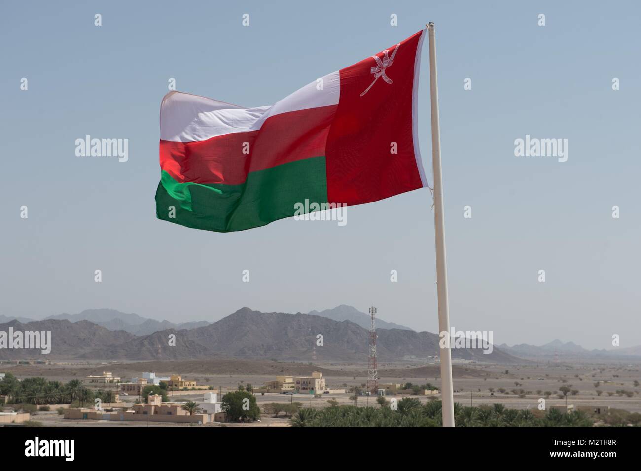 The Flag of Oman on top of Jabreen Castle near Bahla, Oman, on 02.10. ...