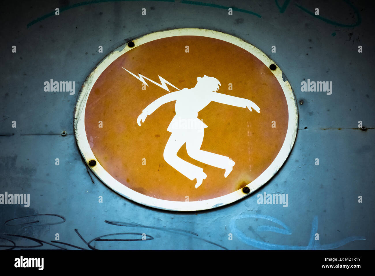 Yellow hazard warning triangle , sign of danger of death by electric ...