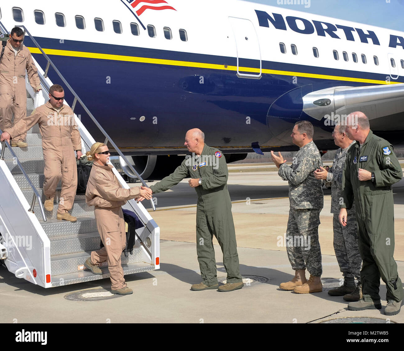 JSTARS crewmembers are welcomed home by Lt. Gen. Harry Wyatt III, Air ...