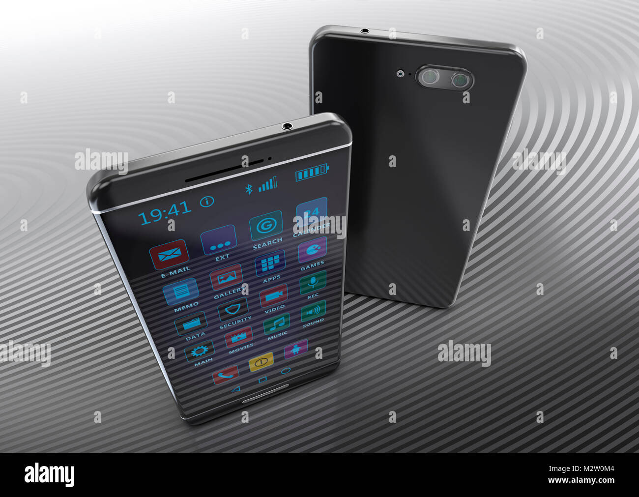 Smartphones without brand, bird's-eye view, front side and back side ...