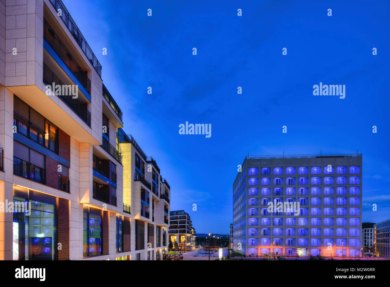 Shopping centre Milaneo and town library, blue hour, architects RKW Eun ...