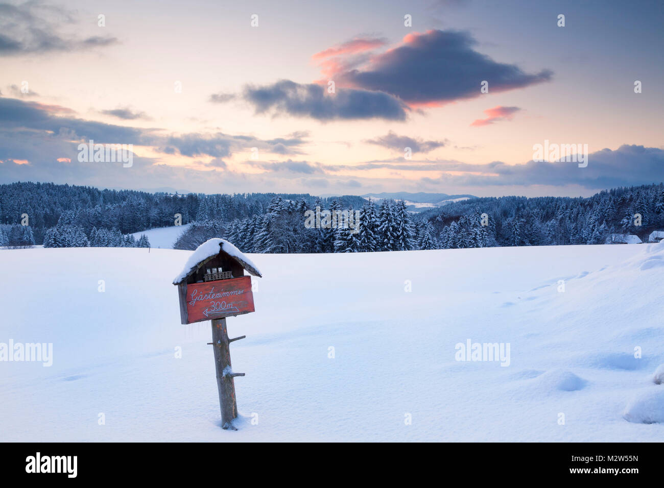 Sundown close Furtwangen in winter, Black Forest, Baden-Wurttemberg ...