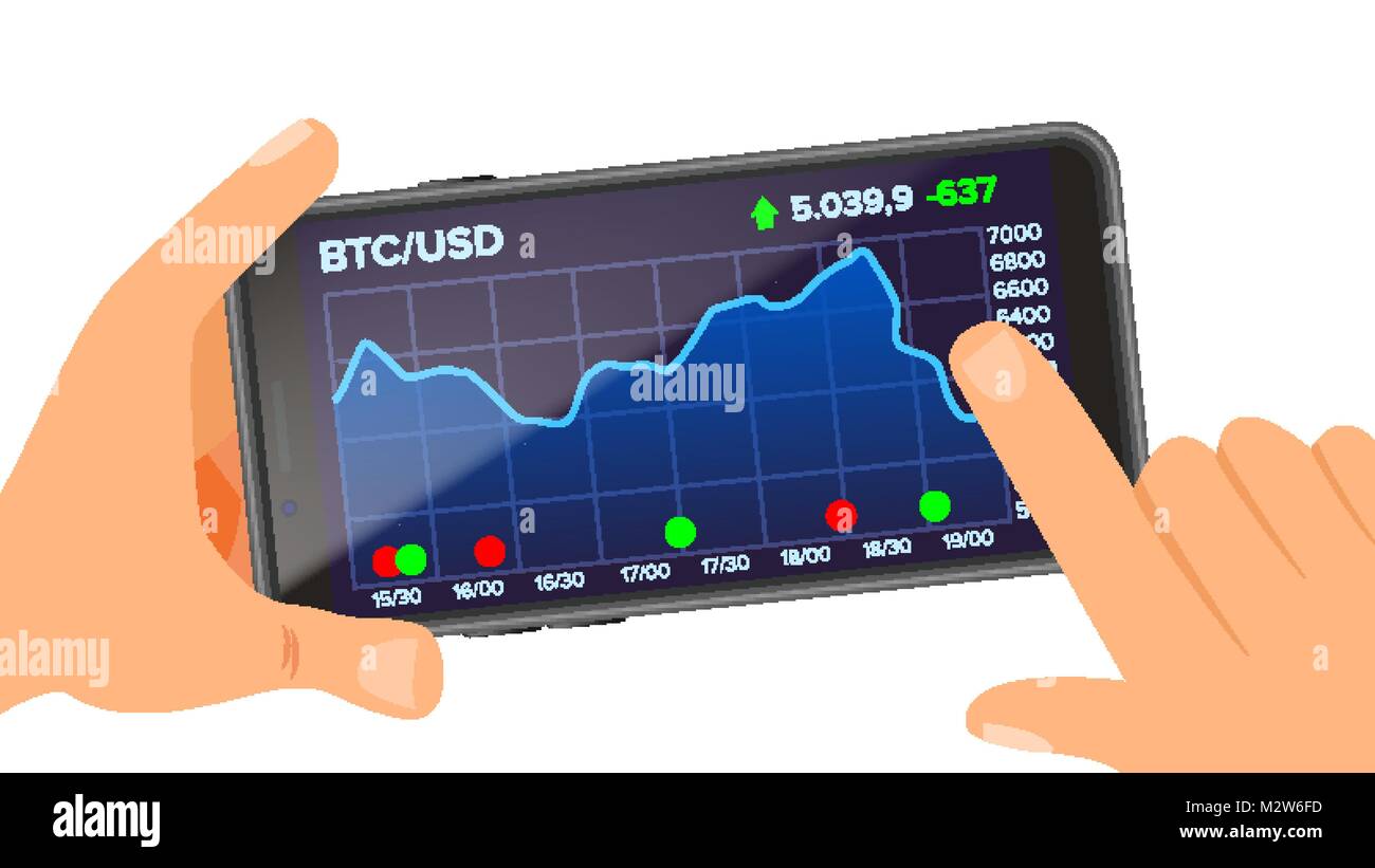Bitcoin Application Vector. Hand Holding Smartphone. Bitcoin App with ...