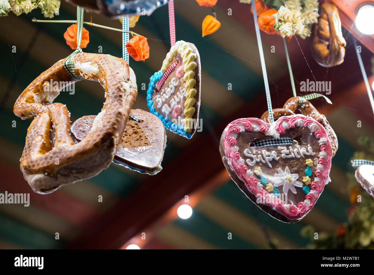 Gingerbread hearts in a beer tent at the Oktoberfest, Munich Stock ...