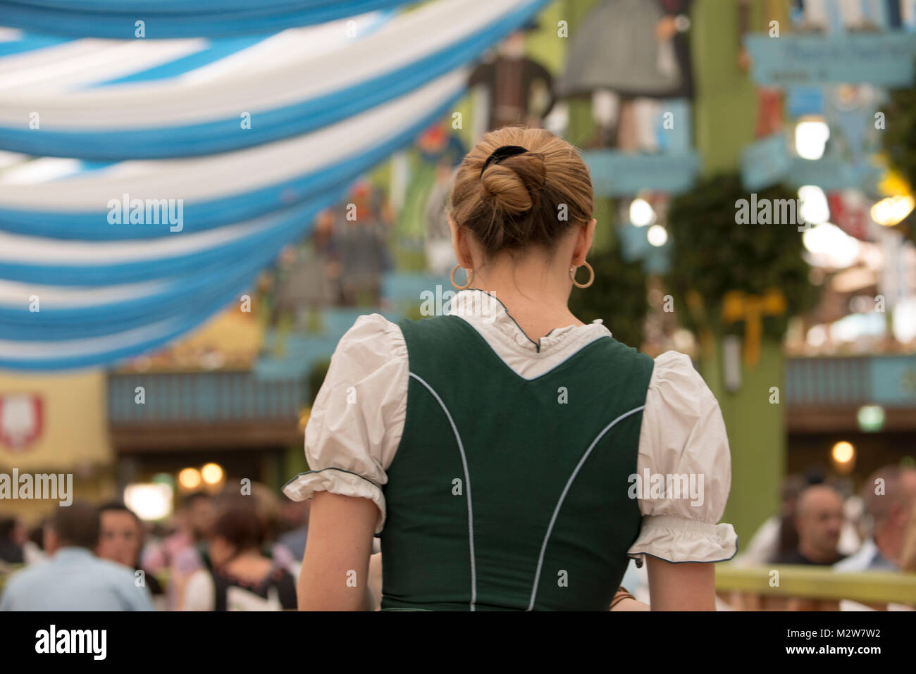 Waitress wearing dirndl, 'Ochsenbraterei' festival tent, Oktoberfest ...
