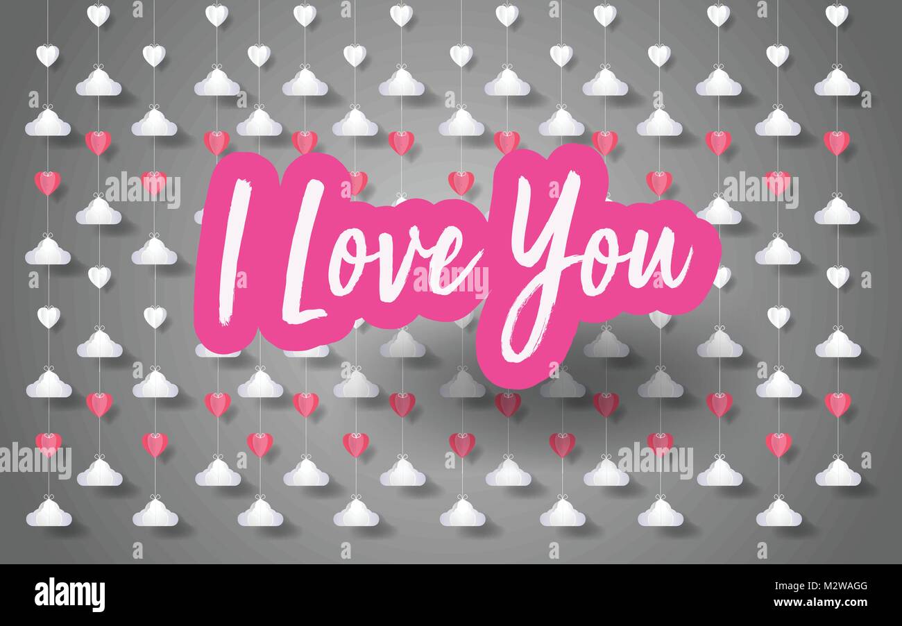 Paper art Valentine's Day. I Love You texture with clouds and hearts in ...